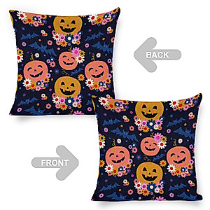 Halloween Pumpkins Flowers Pillow Covers 18x18 Colorful Autumn Pillowcase Set of 2 Linen Throw Pillow Covers Decorative Square Pillow Cases Standard Size for Home Couch Sofa Bed Pillow Protector