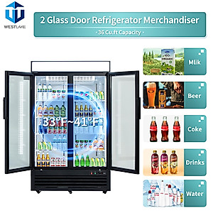 WESTLAKE 48" W Merchandiser Commercial Display Refrigerator 2 Glass Door 2 Section Reach-in Glass Door Upright Fan Cooling 36 Cu.ft Cooler for Restaurant, Bar, Shop, etc