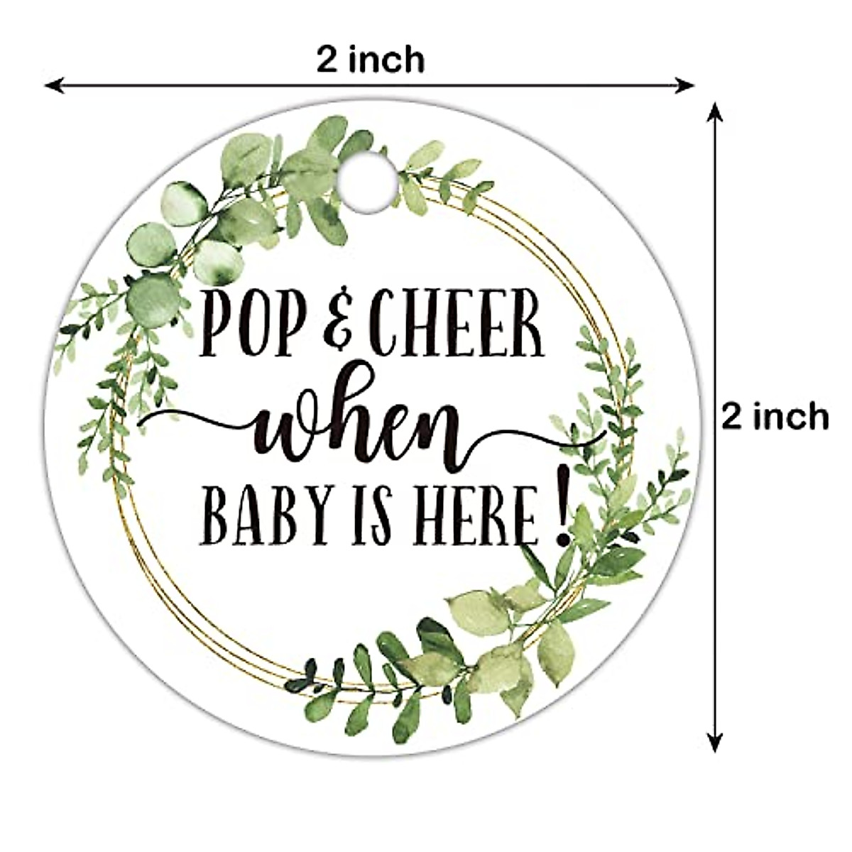 Baby Shower Mini Champagne Bottle Favor Tags, Pop and Cheer When Baby is Here Tags, Greenery Champagne Baby Shower Favor Tags, 2 Inches, 50 Count with Golden Ribbon