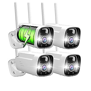 4 Pack Wireless Camera Security with Cloud Storage with 2K Color Night Vision, 15000 mAh Wireless Surveillance Camera with 2 Way Audio, IP65, AI Motion Detection, Support Alexa, No Monthly Fee