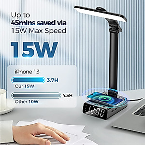 Docusvect LED Desk Lamp with 2 USB Charging Ports and 2 AC Outlets, 3 Lighting Modes × Stepless Dimming LED Desk Lamp with 15W Wireless Charger, Digital Alarm Clock for Home Office & College Dorm Room