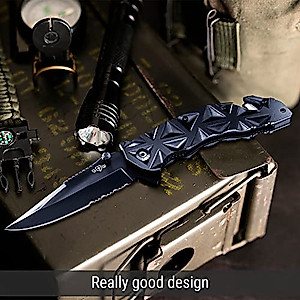 Black Pocket Knife - Serrated Sharp 3,5" Blade Folding Knives - Spring Assisted EDC Tactical Hunting Camping Knofe with Wire Cutter Glass Breaker and Pocket Clip for Men Women - Best Gift Idea HB 207
