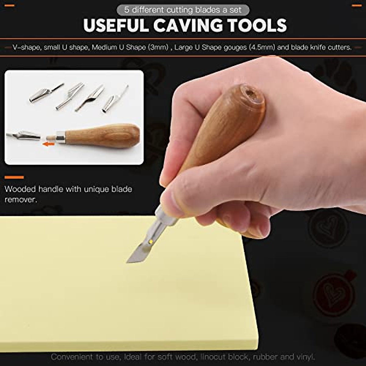 Rustark 12Pcs Rubber Stamp Making Kit with Stamp Block, Rubber Brayer Roller,Rubber and Wood Carving Cutting Tool, Block Printing Starter Tool Kit for Inking Blocks Carving and Printmaking