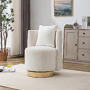Velvet Vanity Barrel Chair, Modern Curved Tufted Back Office Chair with Gold Metal Base, Upholstered Makeup Stool with Throw Pillow for Living Room, Bedroom, Hotel Accent Leisure Chair (White)