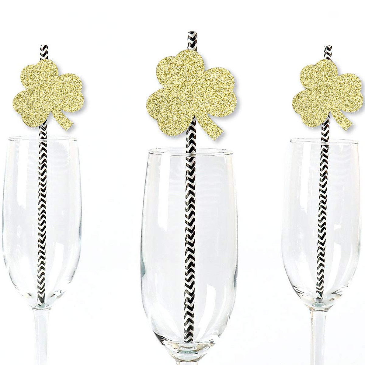 Gold Glitter Shamrocks Party Straws - No-Mess Real Gold Glitter Cut-Outs & Decorative St. Patrick's Day Party Paper Straws - Set of 24
