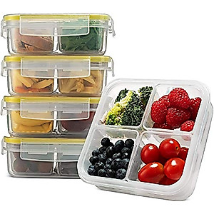 Komax Biokips Foodsaver Set, Square Lunch Box Containers with 4 Removable Compartments of 700ml (23.6 oz), Pack of 5