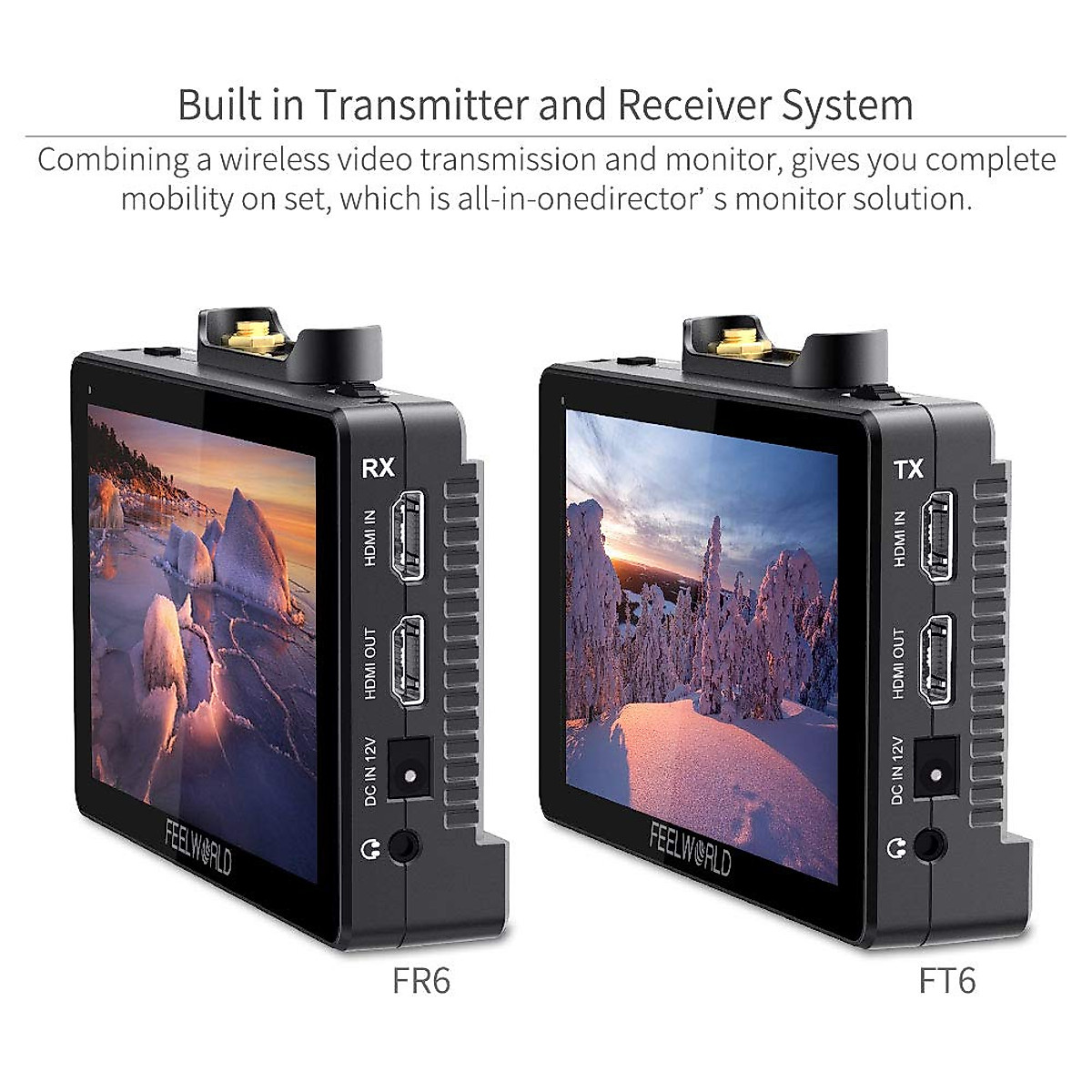 FEELWORLD FT6 FR6 5.5 Inch Wireless Video Transmission DSLR Camera Field Monitor Built in Transmitter and Receiver System Long Range 800ft Low Latency 0.07s Touch 3D LUT HDR 4K HDMI Director AC DP