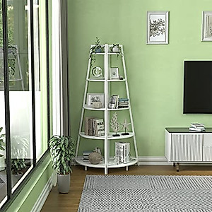 WTZ Corner Shelf, 5 Tier Bookshelf, 70.8 Inch Tall Bookcase, Open Ladder Book Case, Modern Bamboo Corner Storage Bookshelf Stand in Living Room, Bedroom, Office, Kitchen, White