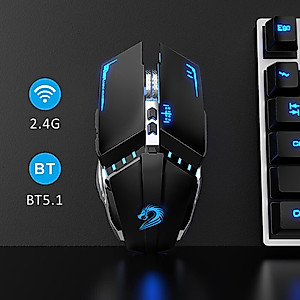 TENMOS T21 Bluetooth Mouse, 2.4G LED Dual Mode (Bluetooth 5.1+ USB) Bluetooth Wireless Mouse, Rechargeable Silent Computer Gaming Mice for Laptop, iPad, MacOS, PC, Windows, Android (Black)