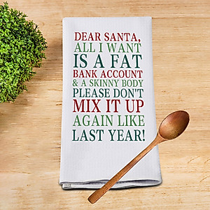 G2TUP Funny Christmas Santa Kitchen Towel, Dear Santa All I Want is A Fat Bank Account & Skinny Body Dish Towel, Christmas Decor White Hand Towel, Housewarming Gift (Dear Santa KT)