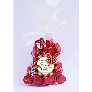 Piece Of My Heart Pizza-Themed Valentine Party Favor Sticker Labels, 40 2" Party Circle Stickers by AmandaCreation, Great for Classroom Valentines, Envelope Seals, Gifts & Treats