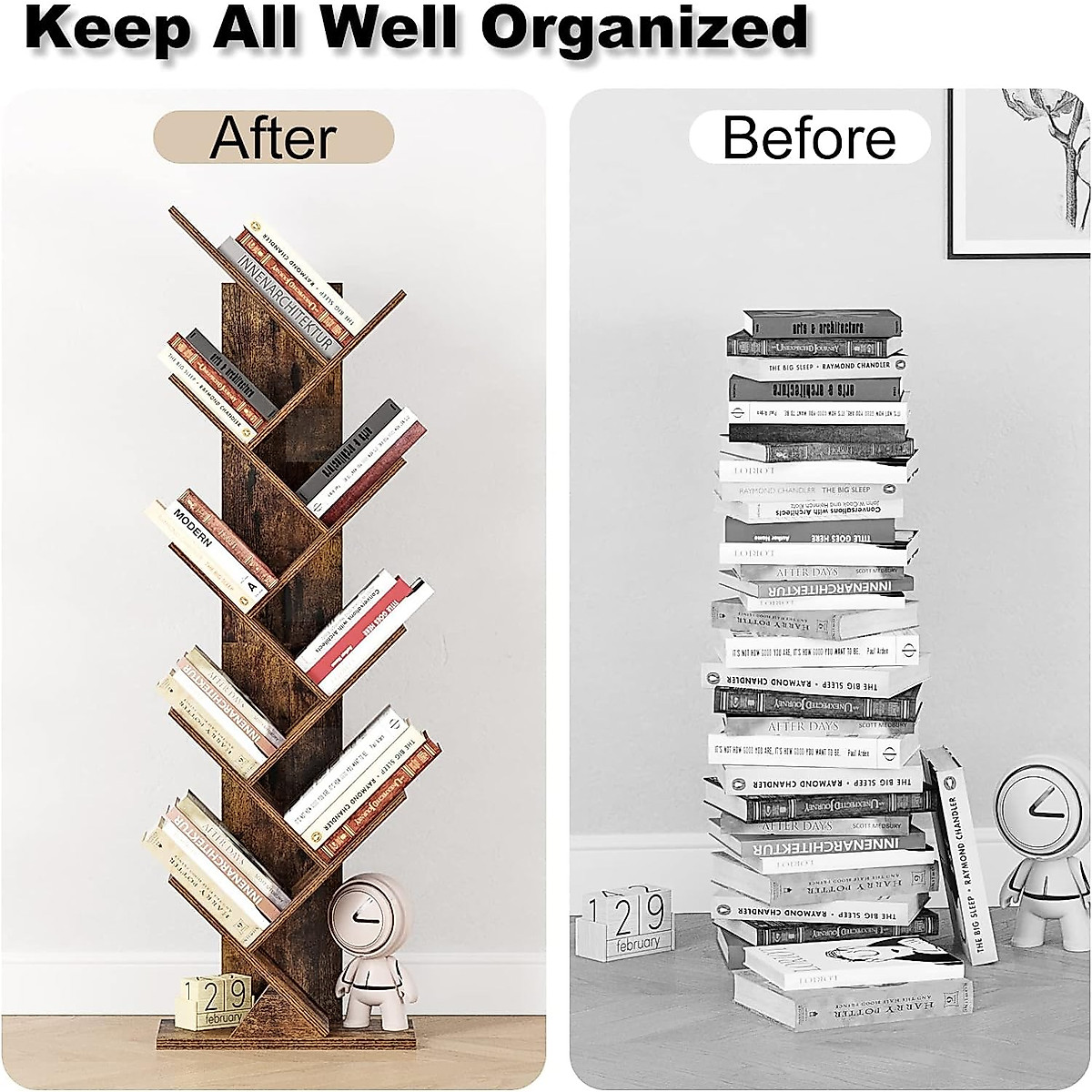 Function Home 9 Tier Tree Bookshelf, Modern Tall Geometric Bookcase, Freestanding Book Shelf, Wood Floor Storage Shelf for Living Room, Bedroom, Home Office,Rustic Brown