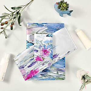 Flradish Watercolor Flowers Butterflies Towels 3 Pack Bath Towels for Bathroom Set Soft Cotton Highly Absorbent Lightweight & Quickdry Towel Set 1 Bath Towel,1 Hand Towel,1 Washclothe