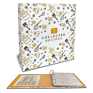Recipe Binder, Full Page 3 Ring Standard Binder Organizer Set (with 50 Page Protectors & 12 Category Divider Tabs) by Better Kitchen Products, 11.5" x 12" Black & Gold Montage