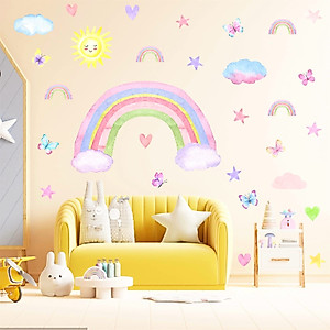 Colorful Rainbow Wall Decals Watercolor Rainbow Sun Cloud Wall Decals Star Heart Butterfly Wall Stickers Cute Rainbow Wall Stickers for Girls Room Bedroom Nursery Decor