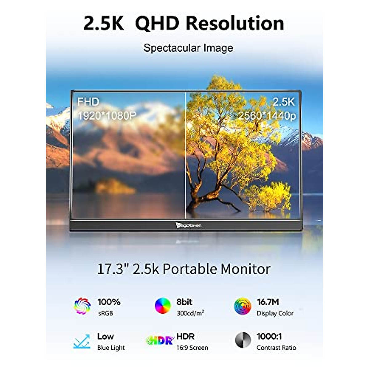 MAGICRAVEN 2.5K Portable Monitor, 17.3 Inch 1440P IPS Laptop Monitor, Dual USB C HDMI Second Computer Screen, VESA Gaming Display with 2 Speakers, Travel Monitor for Laptop PS4/5 PC Phone Xbox Switch