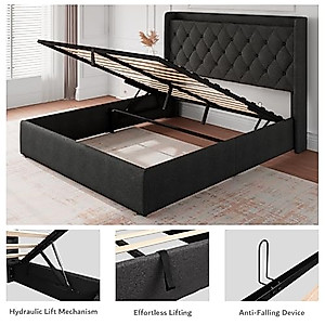 iPormis Full Size Lift Up Storage Bed Frame with Charging Station, Upholstered Platform Bed Frame with Tufted Headboard, Hydraulic Storage, No Box Spring Needed, Noise-Free, Easy Assembly, Dark Grey
