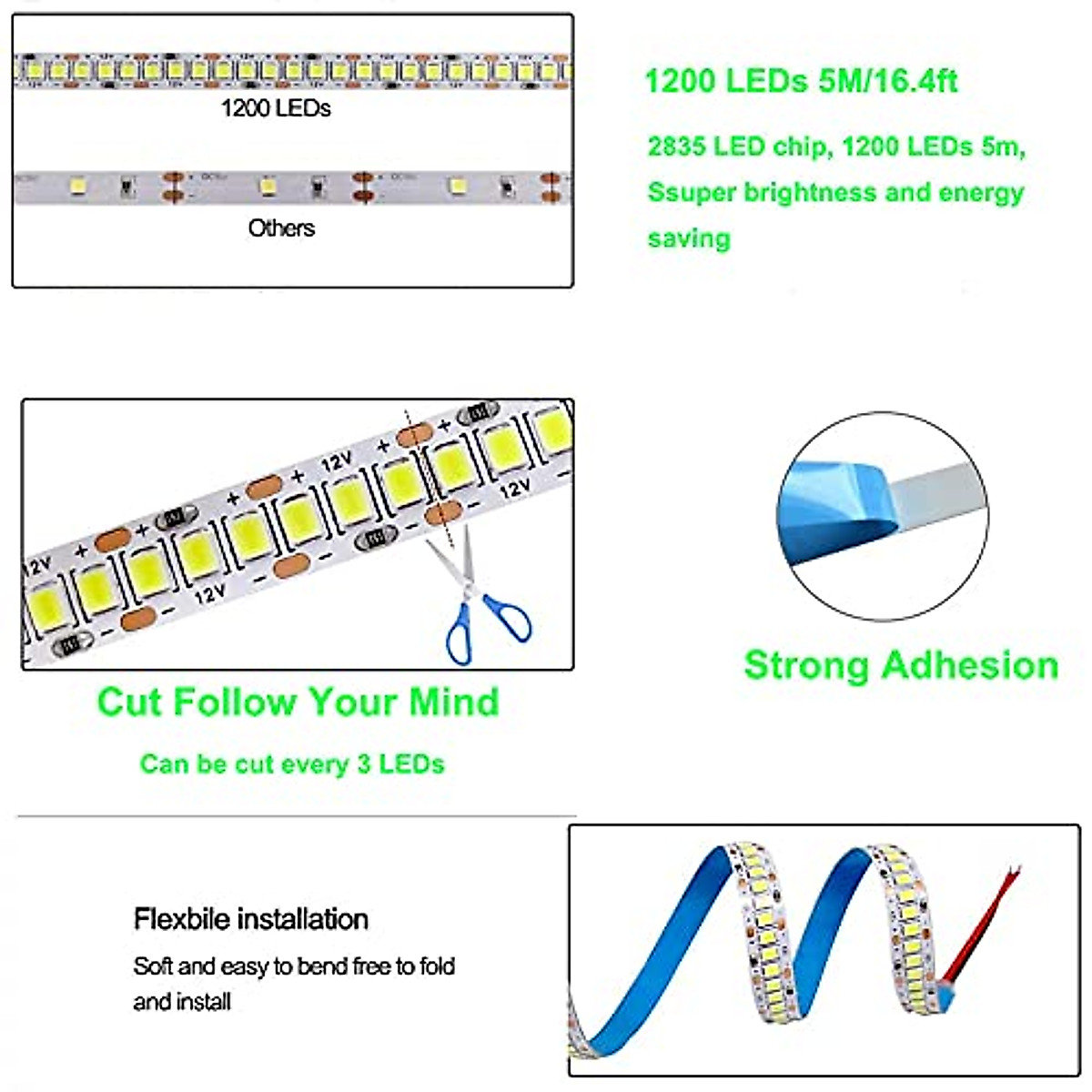 SUYOOULIN LED Strip Lights, SMD 2835 LED Strip, DC12V 1200LEDs 16.4Ft 26000LM High Density LED Light Strips Non-Waterproof, 3 Times Brightness Than SMD3528 LED Strip, Blue