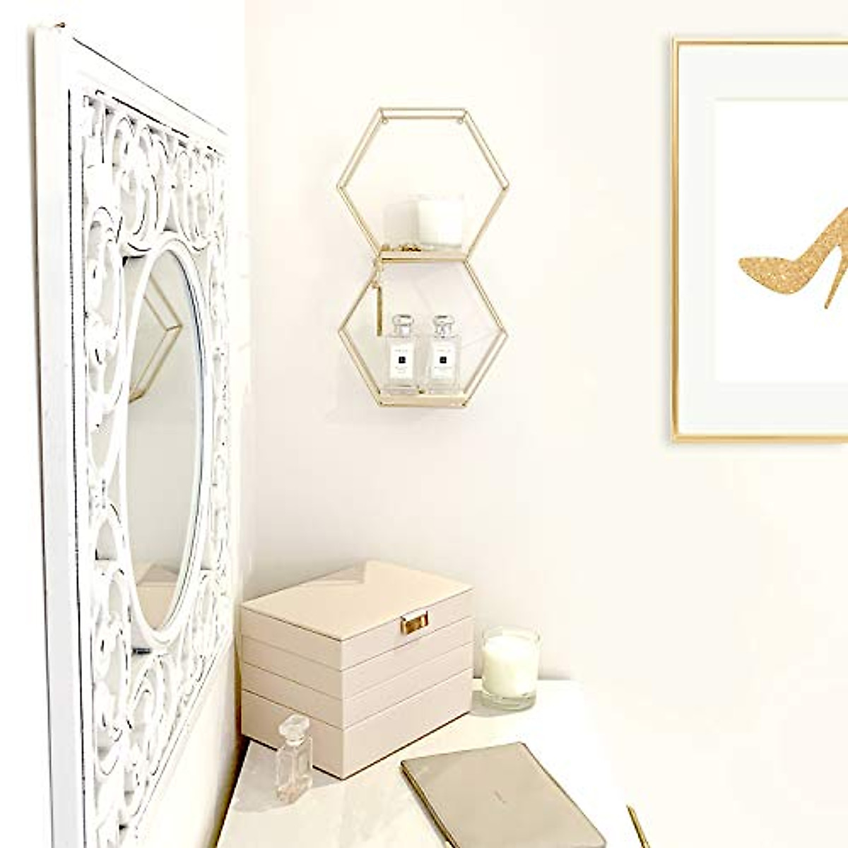 Gold Metal Wire Geometric Hexagon Floating Shelf | Two Brass Colored Vertical Honeycomb Shaped Hanging Wall Shelves | Mid Century Style Vanity Shelf | 16 x 9.25 x 3.75 Inches