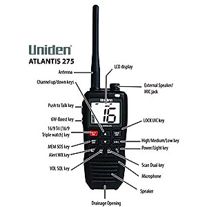 Uniden Atlantis 275 Handheld Two-Way VHF Marine Radio, Floating IPX8 Submersible Waterproof, Large Dual-Color Screen, 6-Watt, All USA/International/Canadian Marine Channels, NOAA Weather Alerts