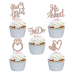 30 Pack He Asked She Said Yes Cupcake Toppers Glitter Heart Ring I do Cupcake Picks Bridal Shower Cake Decorations for Wedding Engagement Theme Party Supplies Rose Gold