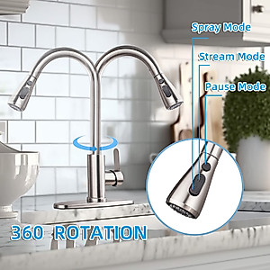 CILAIXI Kitchen Sink Faucet with Pull Down Sprayer with Deck Plate Home Handle Stainless Steel 360 High Arc Swivel Efficient Cleaning Brushed Out Kitchens Tap Faucets (Brushed Nickel)