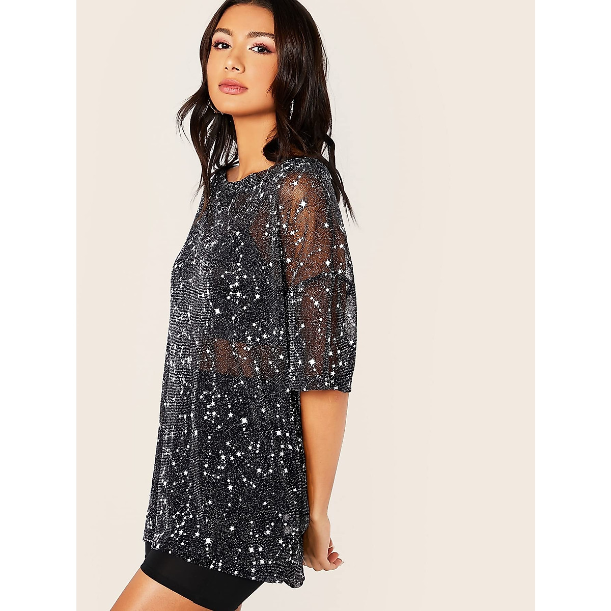 MakeMeChic Women's Summer Short Sleeve Tops See Through Mesh Sheer Sexy T Shirt Blouse Black Galaxy M