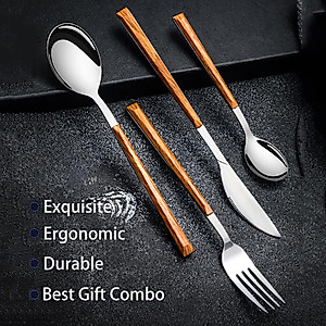 15-Pieces Silverware Set Wooden Handle Flatware Cutlery Set for 3 Forks And Spoons Utensil Sets Forks Silverware Home Essentials for New Home Ergonomic Durable Mirror Polished