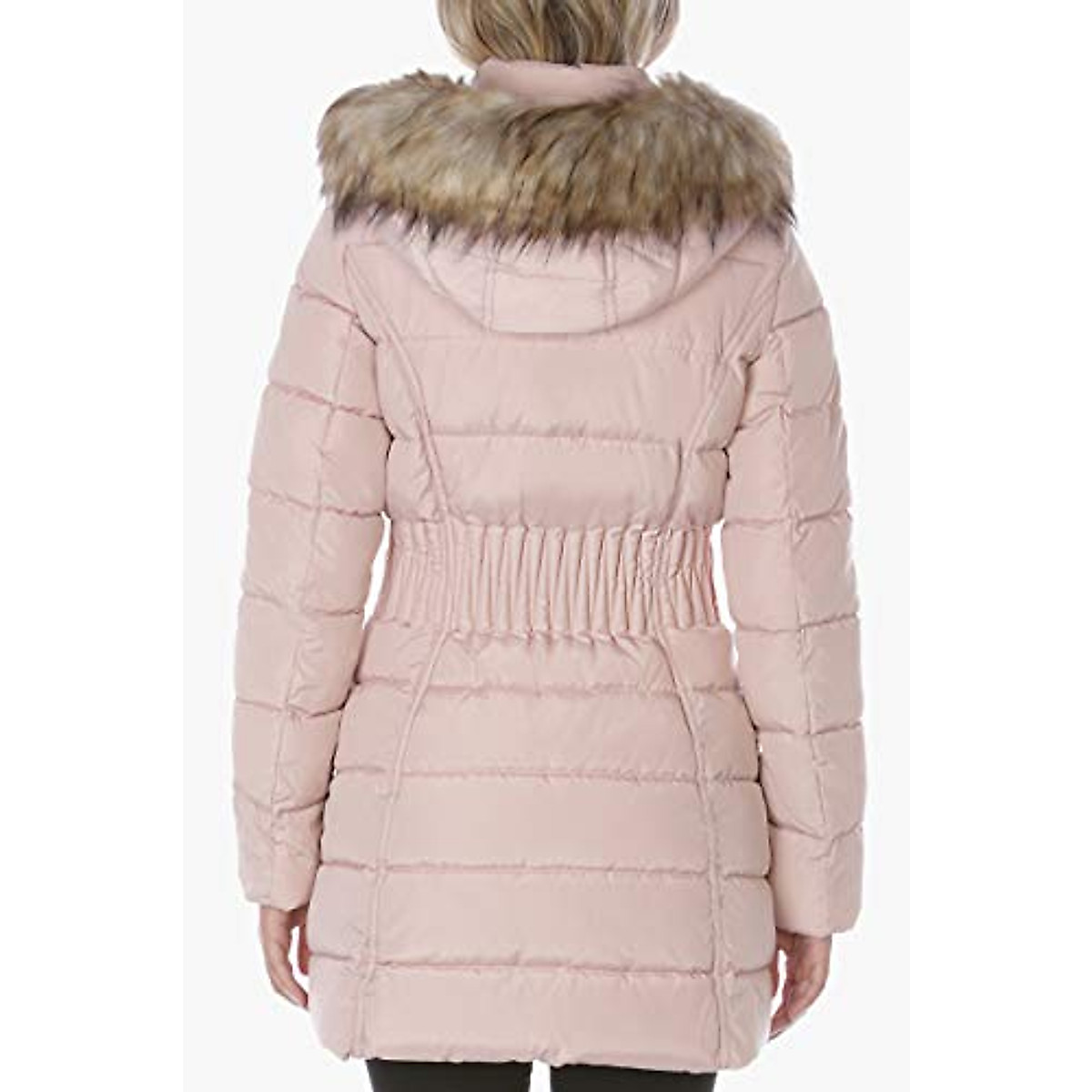 LAUNDRY BY SHELLI SEGAL Women's 3/4 Puffer Jacket with Zig Zag Cinched Waist and Faux Fur Trim Hood, Dusty Pink, Medium