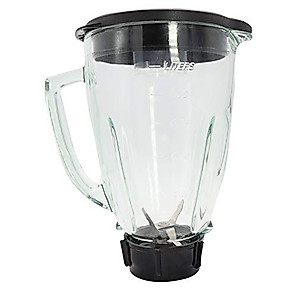 Blendin Complete 6-Piece 48 Ounce Replacement Round Glass Jar Cup Assembly Set With a Jar Base Cap, Blade, Gasket, Round Lid, Center Fill - Compatible with Standard Oster & Osterizer Blenders