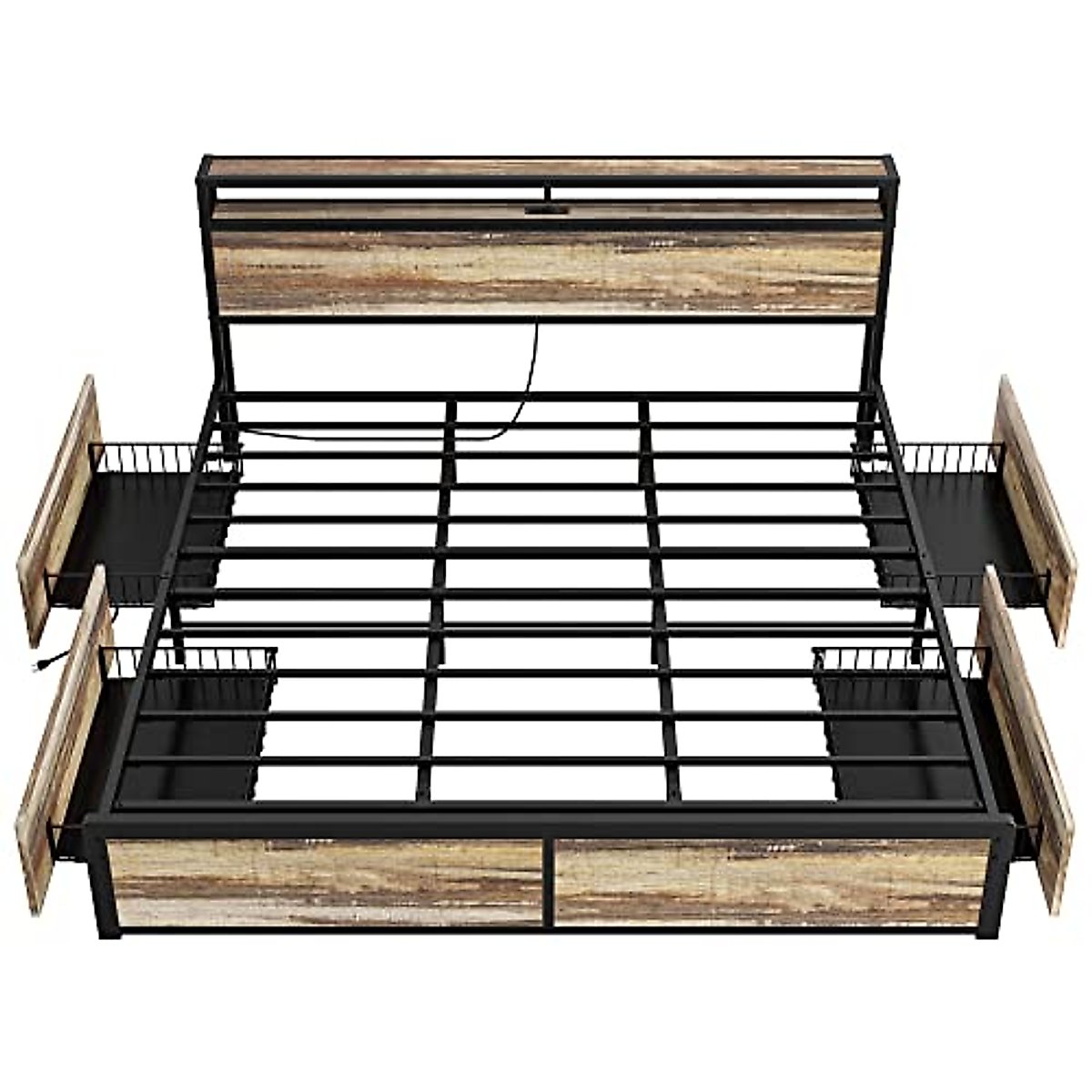 LIKIMIO King Bed Frame with Storage Drawer, 2-Tier Storage Headboard with Charging Station, No Box Spring Needed, Easy Assembly, Rustic Brown