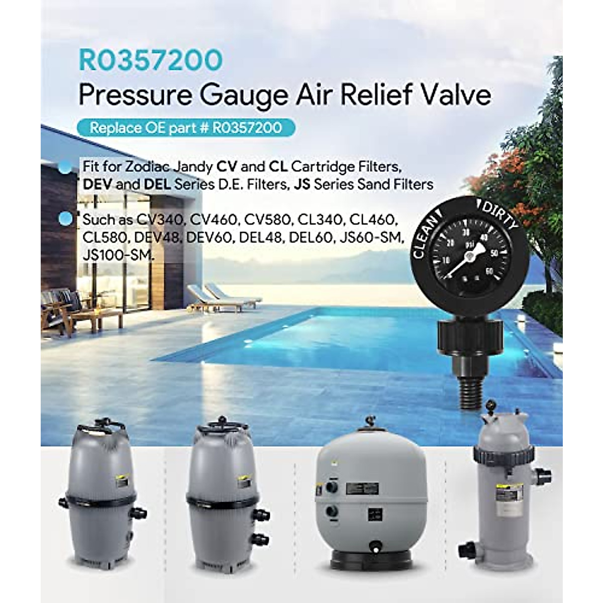 R0357200 Air Gauge Release Valve Assembly Replacement for Zodiac Jandy Pool and Spa Filters CV, CL, DEV, DEL, JS Series