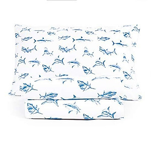 Kids Rule 4-Piece Shark Sketch Sheet Set for Boys & Kids - 1 Full Flat Sheet, 1 Full Fitted Sheet & 2 Queen Pillowcases, Soft Brushed Microfiber Polyester Bed Sheet, Smooth & Durable