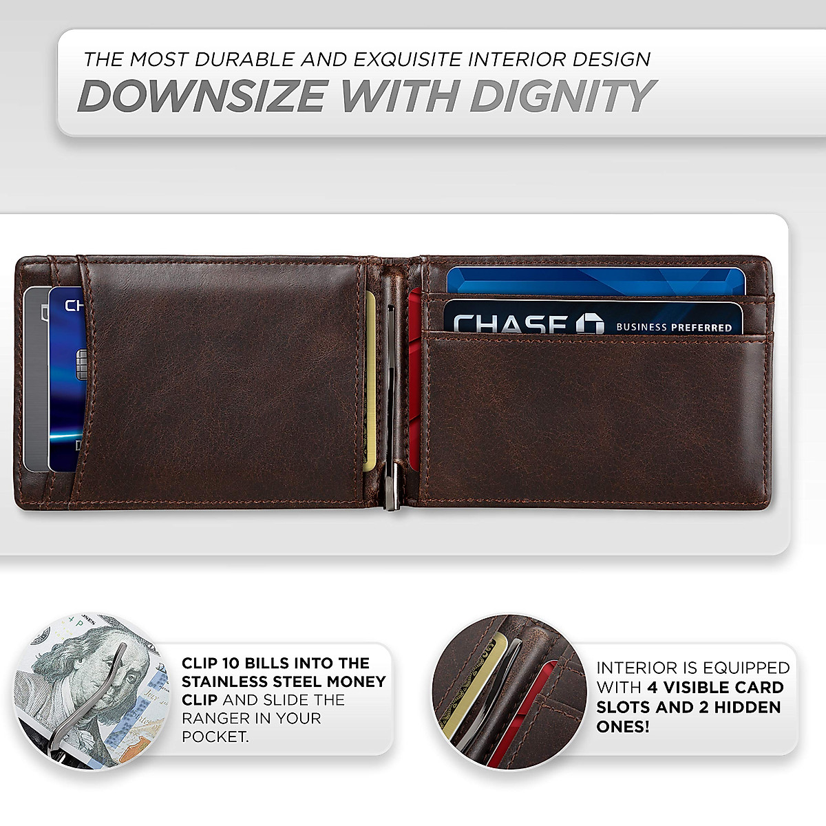 Suavell Leather Mens Wallet. Minimalist Wallet Credit Card Holder with Money Clip and RFID Wallet Protection. Slim Wallets Men Gifts (Whiskey Brown Ranger)