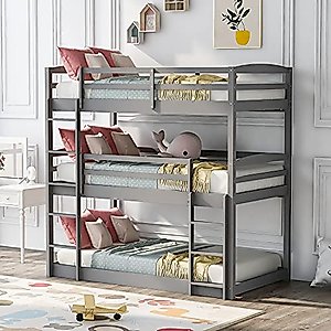 GLORHOME Twin Over Twin Triple Bed, Space Saving Wood Floor Bunk Bedframe with Safety Guardrail & Ladder for 3 Kids Teens, No Box Spring Needed, White