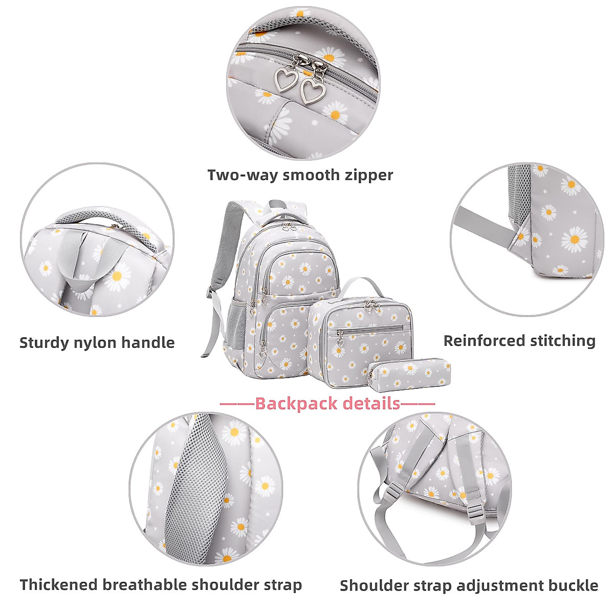3Pcs Daisy Printed Kids Backpack Girls School Bookbag Set Elementary Students Daypack with Lunch Bag