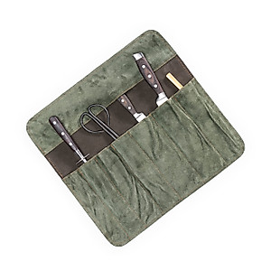 Angus Stoke Knife Roll Bag of genuine buffalo Leather – Handcrafted Chef`s Knife Roll Storage Bag/Case 7 slots – Sean (Olive-Green/Brown)