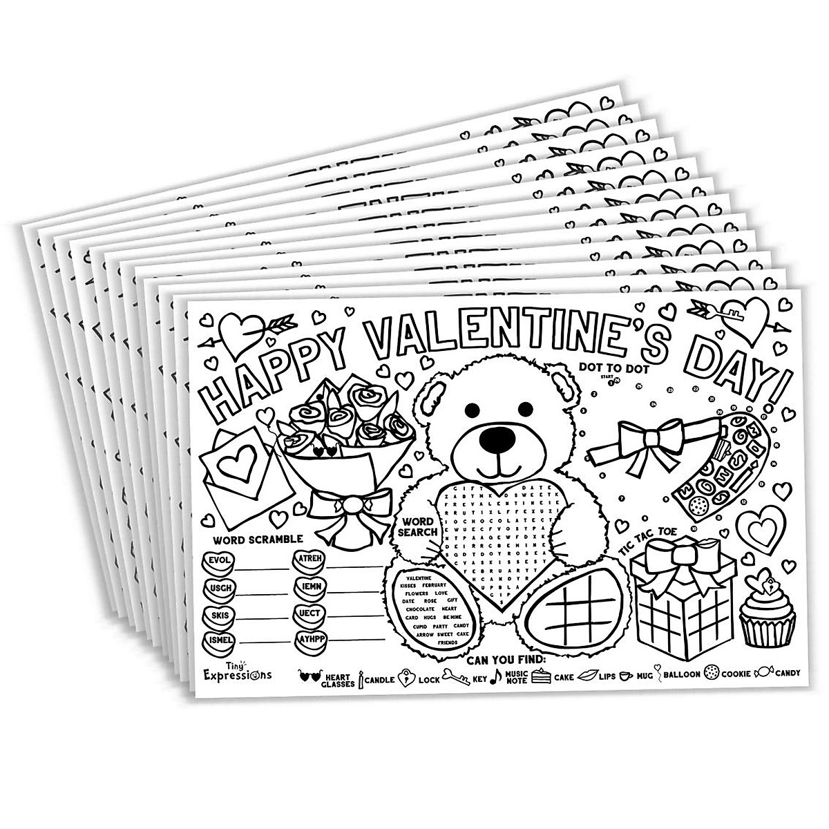 Tiny Expressions - Valentine's Day Coloring Placemats for Kids – Pack of 12 Disposable Paper Mats for Kids Table at Valentines Party, Includes Activities & Games for Kids