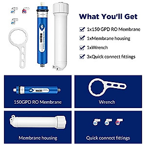 Membrane Solutions 150 GPD RO Membrane, Reverse Osmosis Membrane with Membrane Housing, Replacement for Under Sink Home Drinking RO Water Filter System, Wrench, 1/4" Quick-Connect Fittings,Check Valve