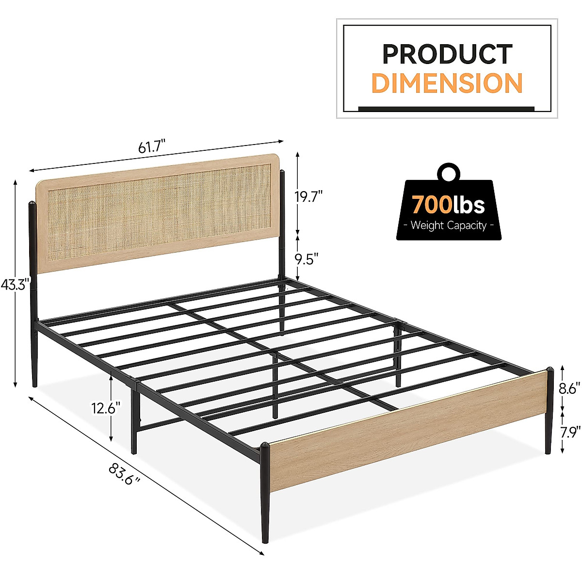 Queen Size Bed Frame with Rattan Headboard, Rattan Queen Bed Frame Platform with Rounded Corner Headboard, Queen Bed Frame Under Bed Storage Headboard, No Box Spring Needed, White Oak (Queen)