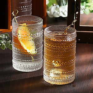 Swetwiny 4 Pack Hobnail Drinking Glasses, 12 Ounce Vintage Drinking Glasses, Old Fashioned Glassware Highball Glasses Water Glasses for Cocktail Whiskey Bear Coffee