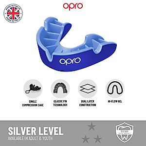 OPRO Silver Level Mouthguard + Strap, Adults and Youth Sports Mouth Guard, Featuring Revolutionary Fitting Technology for American Football, Lacrosse, Hockey, Combat Sports (Blue, Youth)