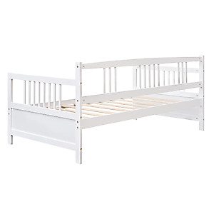Merax Wood Twin Daybed, Wooden Sofa Bed Guest Bed with Rails & Wood Slat Support, Dual-use Twin Size Platform Bed Frame for Living Room Bedroom, No Box Spring Needed, White