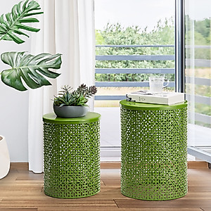 Glitzhome Outdoor Side Table Set of 2, Decorative Garden Stool for Indoor Outdoor Heavy Duty Metal Frame Accent Table Modern End Table, Glossy Green