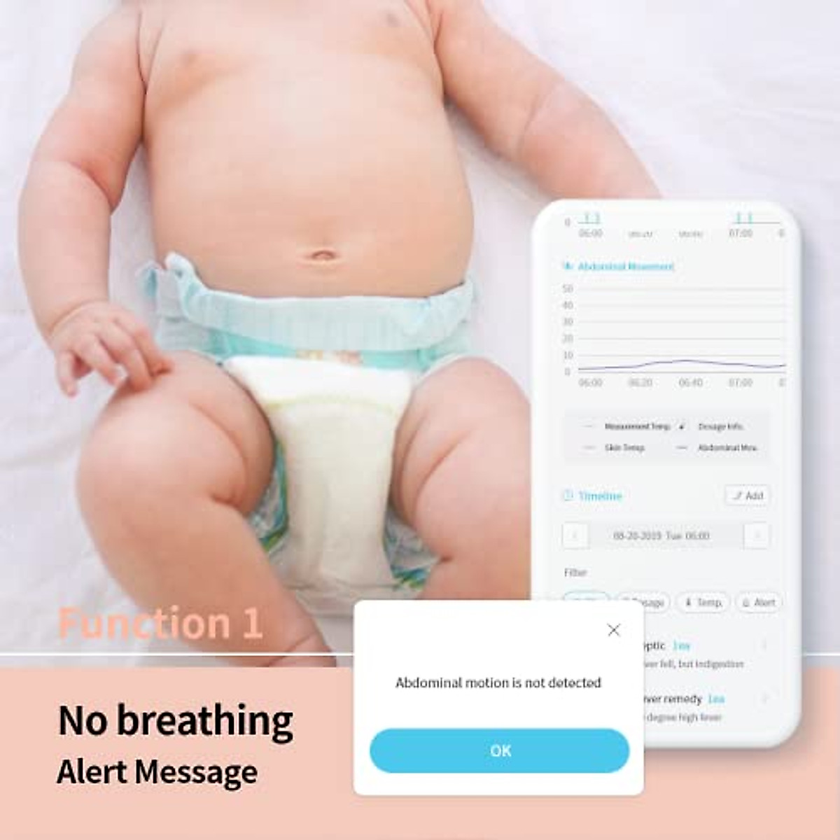 Nearbebe Care Plus(WiFi Version, 2023) - Infant, Baby Safety Monitor: Live Tracks, Alert on No Breathing, Rollover, Skin Temperature, Movement Sensor, Smartphone App, Room Temp & Humidity(SkyBlue)