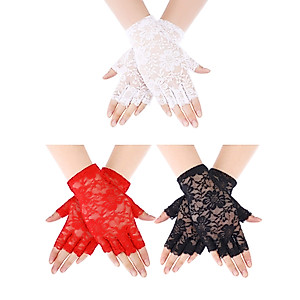 3 Pairs Women Lace Gloves Floral Lace Gloves Sun Protection Lace Gloves Dressy Gloves for Wedding Dinner Parties (Classic Style)