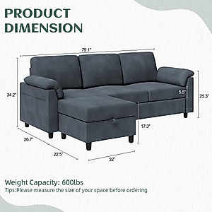 Vongrasig Convertible Sectional Sofa Couch, 3 Seat L Shaped Sofa with Removable Pillows Linen Fabric Small Couch Mid Century for Living Room, Apartment and Office (Gray)