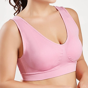 Prime Membership Women's High Support Seamless Sports Bra Wirefree Yoga Bra Comfort Wireless Push Up Bra Everyday Wear T-Shirt Bra v Neck Padded Bralettes for Women Pink M