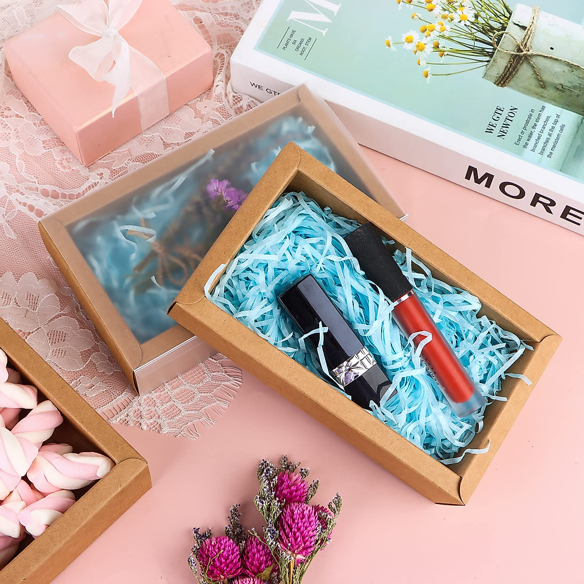 26 PCS Rectangle Drawer Kraft Boxes Small Cardboard Present Packaging Boxes for Party Favor Treats, Candy and Jewelry Crafts, 6.5 x 3.7 x 1.6 inch (Clear,Brown)