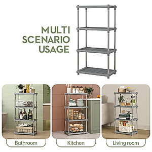LEAIJIAFY 4 Tier Gray Plastic and Metal Standing Shelf Units, Durable Storage Shelves Rack Open Shelving for Pantry Kitchen Bathroom,13MM Steel Tubes